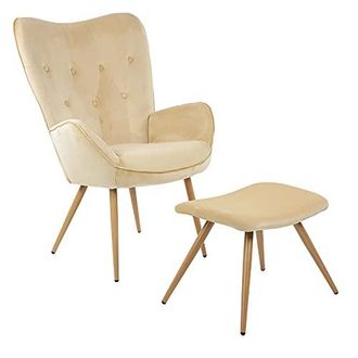 Albatros-Moebel Fauteuil &agrave; oreilles avec tabouret York Beige - Vintage et &eacute;l&eacute;gant - Housse en velours - Fauteuil de lecture ou fauteuil de relaxation &eacute;l&eacute;gant et certi