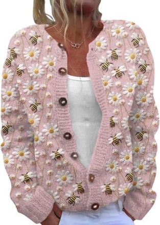 Onsoyours Femme Cardigan Manches Longues Mode Veste Courte Lâché Gilets en Tricot Imprimé Chandail Chaud Bouton Ouvert Blouson Sweater Automne Hiver Manteau Cha