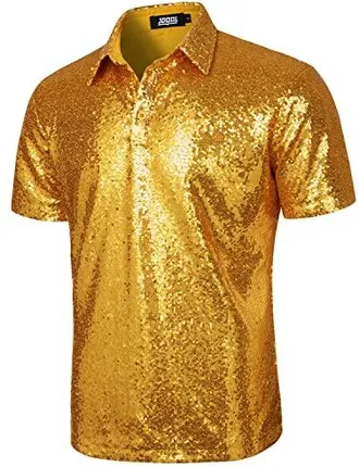JOGAL Chemise à paillettes années 70 pour homme - Manches courtes - Pour fête discothèque - Polo à paillettes, or, XXL