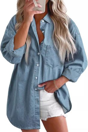 EUDOLAH Damen &Uuml;bergro&szlig;es Jeanshemd mit Polo-Kragen als l&auml;ssige Bluse oder leichte Jacke (Blau,4XL)