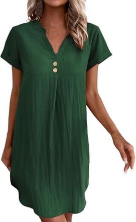 Generic Robe t-shirt d&eacute;t&eacute; d&eacute;contract&eacute;e pour femme avec col en V et manches courtes en lin - Robe de soleil fluide de style boh&egrave;me, robe ample pour la plage, l