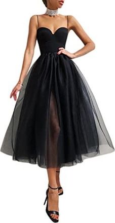 Onsoyours Robe de soirée en Tulle avec Fentes pour Femme avec épaules dénudées de Cocktail en Maille mi-épaisseur Robe de soirée A Noir M