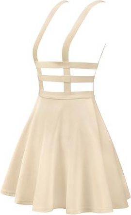 Allegra K Mini Jupe à Bretelles Femme Salopette à Taille Élastique Découpez A Ligne Vintage Jarretelle de Noël Kaki Clair M