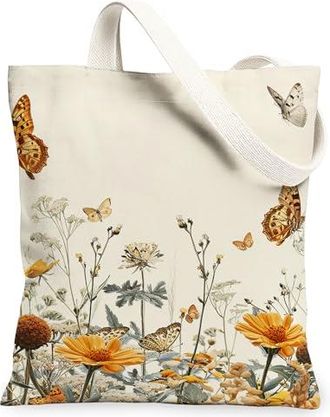 Generic Sacs fourre-tout en toile avec motif floral et papillon, sacs d&eacute;picerie r&eacute;utilisables inspir&eacute;s de la nature, sacs d&eacute;picerie printaniers, vintage, l&eacute;ge