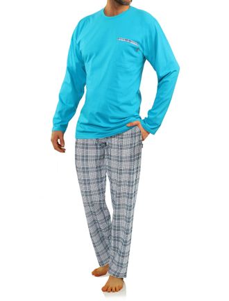 Sesto Senso Herren Schlafanzug Lang Baumwolle Pyjama Langarm Shirt Pyjamahose mit Tasche 4XL Turkus 2379-27 Türkis
