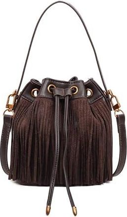 Generic Sac &agrave; main fourre-tout d&eacute;contract&eacute; en daim synth&eacute;tique avec cordon de serrage et pompons, sac &agrave; main &agrave; bandouli&egrave;re de couleur unie en polyur&eacute;thane pou