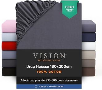 Vision Streetwear Drap Housse - 100% Coton Lit Double (180x200cm) - Gris Anthracite | Coins &Eacute;lastiqu&eacute;s | Tissage Serr&eacute;: Doux | Convient aux Matelas Jusqu&agrave; 30cm | Lavabl