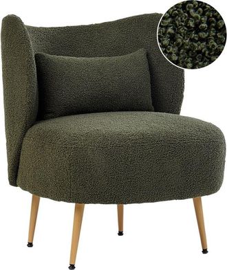 Beliani Fauteuil Glam en Bouclé Dossier Incurvé Pieds en Métal Bois Clair Rembourré Vert Foncé Otsby ii
