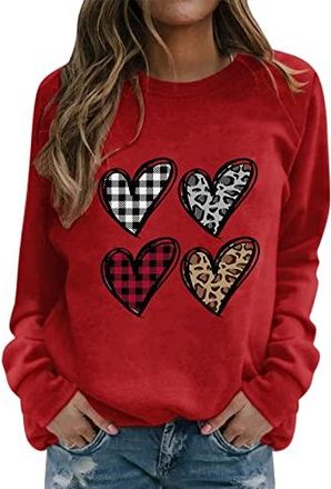 Generic 2026 Saint Valentin Femmes Sweat-shirt Col Rond Quatre Coeurs Imprim&eacute;s Manches Longues Casual Sweat-Tops, Rouge, XXL