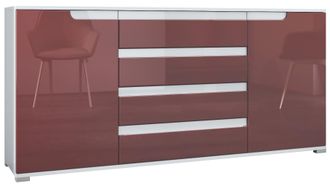 Vladon Sideboard Sylt V2, Kommode mit 2 T&uuml;ren und 4 Schubladen, Korpus - Wei&szlig; matt/Front - Bordeaux Hochglanz/Absetzung - Wei&szlig; Hochglanz (166,5 x 75,5 x 35 c