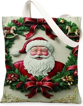 Generic Sacs fourre-tout en toile avec motif couronne de No&euml;l, motif P&egrave;re No&euml;l vintage, sacs d&eacute;picerie, sacs d&eacute;picerie r&eacute;utilisables, l&eacute;gers et lavables en to