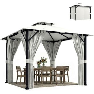 OUTSUNNY Tonnelle de jardin - Outsunny - toit double, rideaux, crochets de plafond - anti-UV UPF50+ - cadre en m&eacute;tal - 3x3m - cr&egrave;me