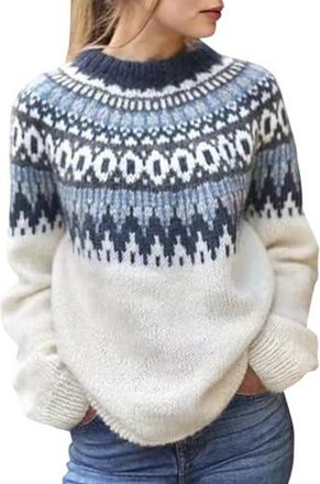 ORANDESIGNE Pulls Femme Pull &agrave; Col Roul&eacute; Pull en Maille Grossi&egrave;re G&eacute;om&eacute;trie Haut en Tricot Pullover &agrave; Manches Longues Chaud Automne Hiver C Blanc XS