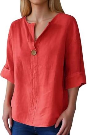 Generic T-Shirt Lin Femme D&eacute;contract&eacute; Large Col V &agrave; Manches 3/4 Chemisier &eacute;l&eacute;gant Henley Couleur Uni Tee Shirt &eacute;t&eacute; Haut Top Respirant T-Shirts Grande Taille C