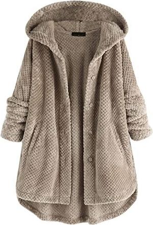 Onsoyours Manteau Femme Fourrure Grand Taille avec Capuche Hiver Chaud Long Elegant Manche Longues Mode Pas Cher Fille Hoodie Veste en Laine B Kaki L