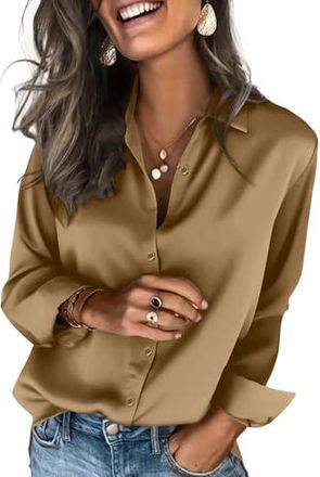Generic Chemise Boutonn&eacute;e en Satin &agrave; Manches Longues pour Femme - Chemisier en Soie Chic et Elegant - Col en V - Style D&eacute;contract&eacute; pour Le Travail et Le Burea