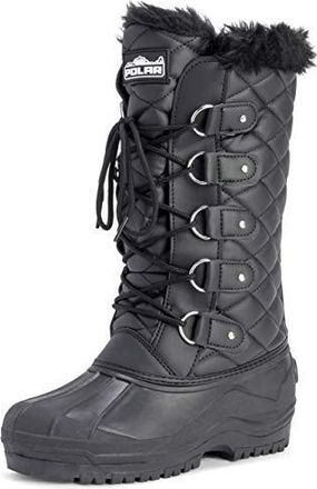 Polar r Femmes Tall Matelassé Fourrure Doublée Neige Tactique Imperméable Hauteur Du Genou En Marchant Bottes - Noir Cuir - UK5/EU38 - YC0361