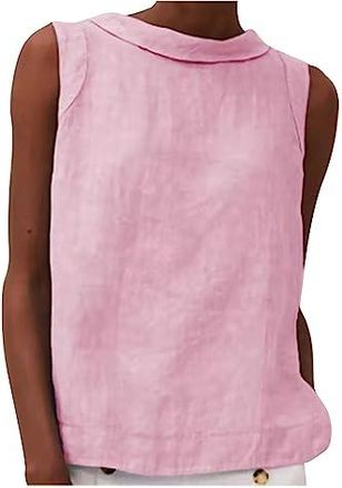 Generic D&eacute;bardeurs en coton et lin pour femme - Col haut - D&eacute;contract&eacute; - Sans manches - Camisole d&eacute;t&eacute; - Chemise basique de couleur unie - Haut court d&eacute;contrac
