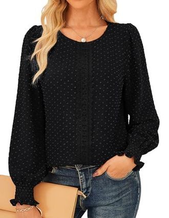 Grace Karin Femme Blouse Vintage M&eacute;di&eacute;vale en Dentelle Top L&eacute;ger &Eacute;l&eacute;gant &Agrave; Pois Suisses Manches Longues D&eacute;contract&eacute; Noir M