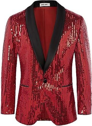 Grace Karin Blazer de f&ecirc;te &agrave; paillettes pour homme - Un bouton - Col ch&acirc;le &agrave; revers - Manteau de costume &agrave; paillettes &eacute;tincelantes, Paillettes rouges., M