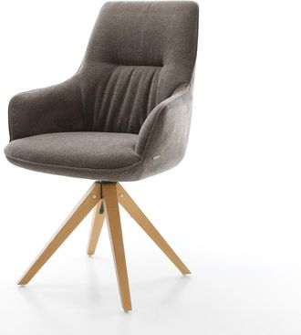 DELIFE Drehstuhl Zelia-Flex mit Armlehnen Strukturstoff Soft Taupe Holzgestell kantig Natur 360&deg; drehbar Taschenfederkern, Esszimmerst&uuml;hle