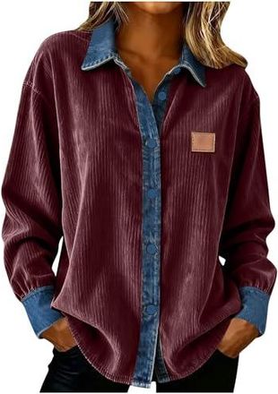 Generic Chemise en jean boutonn&eacute;e pour femme, col &agrave; revers vintage, patchwork en velours c&ocirc;tel&eacute;, chemise de printemps surdimensionn&eacute;e et l&eacute;g&egrave;re, veste en jean