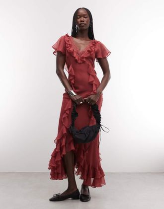 Reclaimed Vintage robe longue style tea dress &agrave; volants et dentelle couleur rouille-Rouge