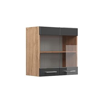 Vicco Meuble de Cuisine Haut vitr&eacute; R-Line, Anthracite Haute Brillance/Ch&ecirc;ne de Force dor&eacute;, 60 cm