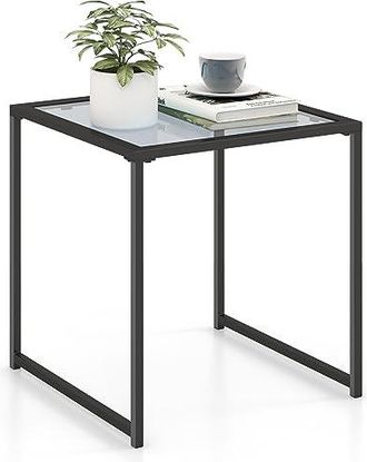 Giantex Table basse carr&eacute;e 43 x 43 cm, moderne minimaliste avec plateau en verre tremp&eacute; et structure en m&eacute;tal robuste, table multifonction pour salon, chambre