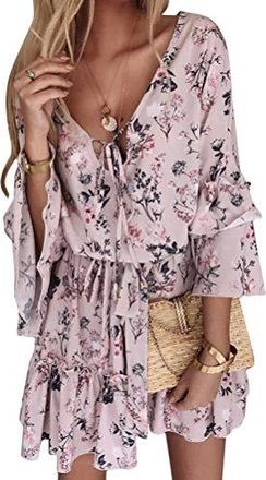 Onsoyours Robe Été Femme Robe Casual Manches Courtes/Manche Longue Boho Robe de Vacances Robe de Plage Col V Florale Courte Mini Robe A Rose XS