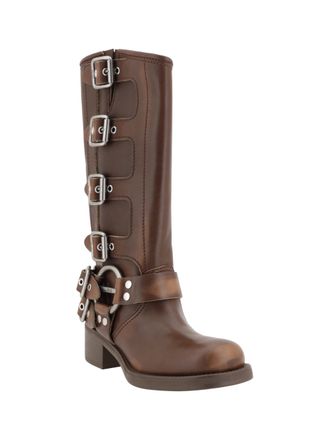 Miu Miu Buckle-Strap Calf Leather Boot - Brown