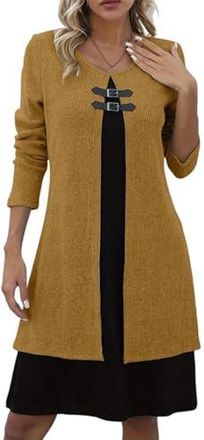 Generic Robe en tricot pour femme 2 en 1 - Style d&eacute;contract&eacute; - Manches longues - Col rond - Avec double boucle - Patchwork A-Line - Midi, jaune, XL