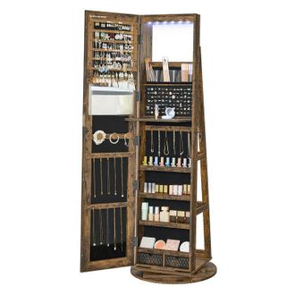 Songmics Songmics - Armoire &agrave; bijoux sur pieds avec miroir - Verrouillable - Rangement pivotant 360&deg; - 6 LED - 3 &eacute;tag&egrave;res - Surface blanche, doublure en gr&egrave;ge