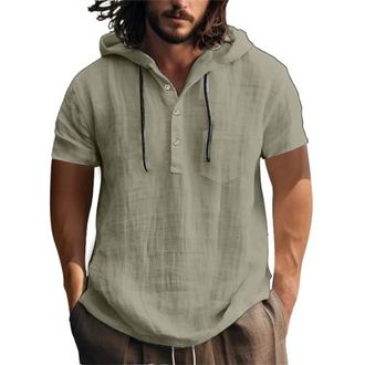 Generic Chemise en lin &agrave; manches courtes pour homme - En coton - Avec boutonni&egrave;re - Coupe droite - Chemise d&eacute;t&eacute; - Chemise d&eacute;t&eacute; - Avec capuche - Couleur unie -