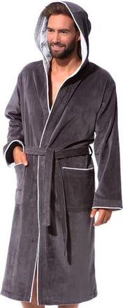 Morgenstern Robe de Chambre Éponge Lux Coton avec Capuche pour Homme Taille S Gris/Beige 2 Poches et Ceinture Doux, Absorbant et Confort,S,Gris / Beige