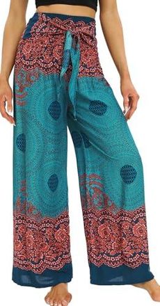 Feoya 2025 Pantalon Bohème Femme Ete Elastique Taille Ample Pantalon Palazzo Chic Motif Hippie Plage