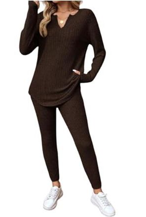 Generic Ensemble t-shirt et leggings &agrave; manches longues en tricot c&ocirc;tel&eacute; d&eacute;contract&eacute; pour femme, v&ecirc;tements de d&eacute;tente 2 pi&egrave;ces, ensembles de pyjamas, caf&eacute;, XXL