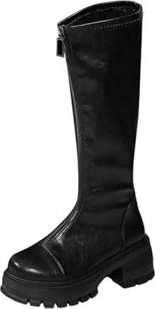 Generic Bottes hautes d&eacute;contract&eacute;es et extensibles pour femme - Bout rond - Talon &eacute;pais - Fermeture &eacute;clair sur le devant - Antid&eacute;rapantes - Confortables - Cou