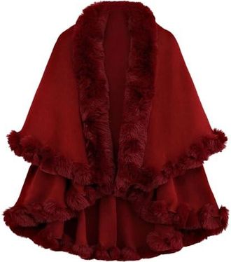 Generic Ch&acirc;le en fausse fourrure pour femme, manteau &eacute;l&eacute;gant avec doublure &eacute;paisse pour bal, soir&eacute;e, manteau dext&eacute;rieur, Rouge, Taille unique