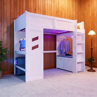 Generic Gamer 90x200 Mezzanine-Bett mit Schreibtisch - LED-Beleuchtung, USB/Typ-C-Anschl&uuml;sse, integrierte Schublade und Kleiderst&auml;nder (Farbe: wei&szlig;, ohne Matr