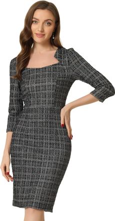 Allegra K Elegantes Arbeitskleid f&uuml;r Damen, 3/4-&Auml;rmel, kariert, Tweed, figurbetonte Kleider, Schwarz, S