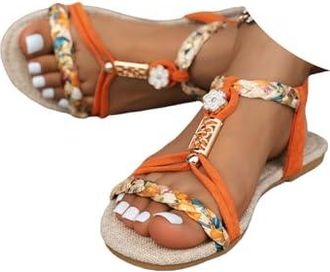 Generic Sandales boh&egrave;me pour femme 2026 - Chaussures plates d&eacute;t&eacute; habill&eacute;es avec sangle de cheville &eacute;lastique - Chaussures de plage antid&eacute;rapantes - Confortabl