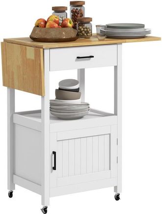 HOMCOM Desserte de cuisine extensible sur roulettes - porte, niche, tiroir - rallonges bois hévéa verni mdf blanc