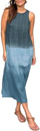 Generic Robe longue décontractée en coton et lin sans manches fendue dégradé tie-dye pour femme, bleu, XL