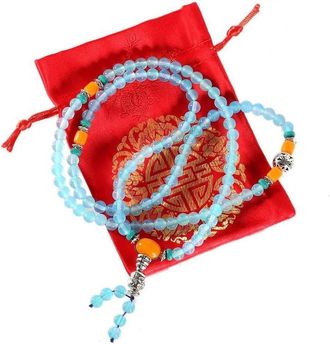 La Chineuse Buddhistische Mala aus blauem Achat - 108 6-mm-Perlen - Schmuck für Armband oder Halskette - inklusive Satinbeutel - Schmuck der Buddha-Traditionen - 