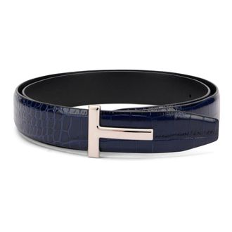 Tom Ford Homme, Accessoires, Bleu, Taille: 95 CM Reversible Leather Belt with Crocodile Print