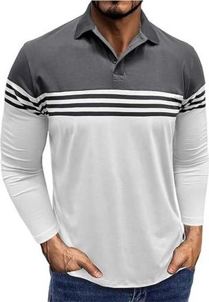 Generic Polo rayé à manches longues pour homme - Col boutonné - T-shirts à blocs de couleurs - Hauts de golf décontractés 2025, Polos gris à manches longues p