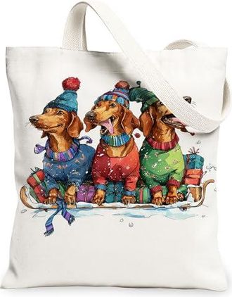 Generic Sacs fourre-tout en toile avec motif danimaux de No&euml;l, sacs d&eacute;picerie r&eacute;utilisables, l&eacute;gers et lavables avec bandouli&egrave;re, blanc, 13x15 Inch
