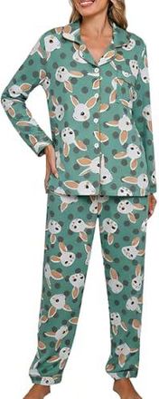 Minetom Ensembles de Pyjama Femme 2 Pi&egrave;ces Bouton V&ecirc;tements de Nuit Imprim&eacute; Animal Manches Longues Col V Chemise et Pantalon Style K 34