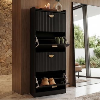 Mendler Schuhschrank HWC-O39, Schuhkipper Schuhregal 4 Klappen Klappf&auml;cher MDF Melamin Metall 148x50x24cm - Holzoptik schwarz